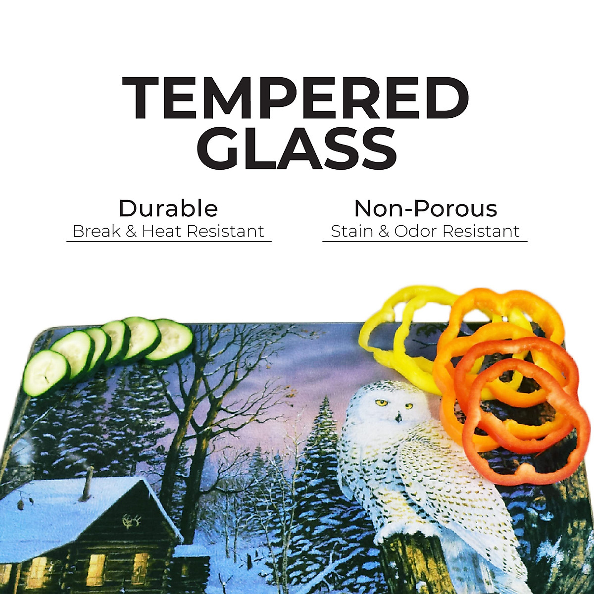 Rivers Edge Products Large 12in x 16in Decorative Tempered Glass Cutting Board, Hypoallergenic, Non Slip, Textured Surface Chopping Board for Kitchen, Cabin in the Woods with Snowy Owl, White Owl