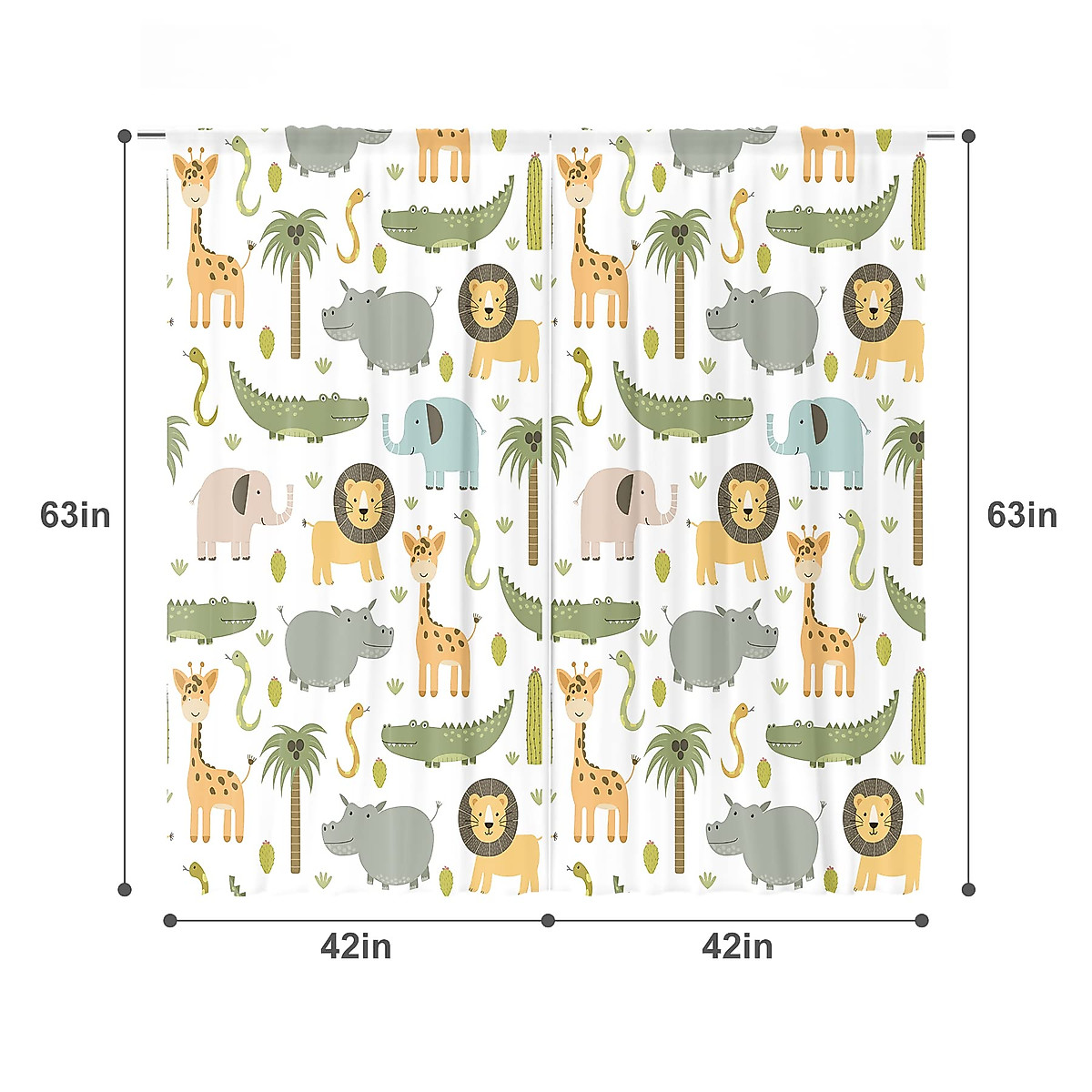 MESHELLY Kids Safari Curtains 42W X 63H Inch Rod Pocket Cute Cartoon Animals Baby Boy Nursery Bedroom Decor Woodland Jungle Lion Elephant Curtains for Children Living Room Window Drapes Fabric