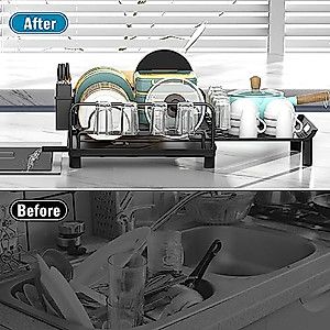 caktraie Dish Drying Rack - Expandable Dish Rack for Kitchen Counter, Rust-Proof Kitchen Dish Drying Rack with Utensil Holder, Cups Holder, Black