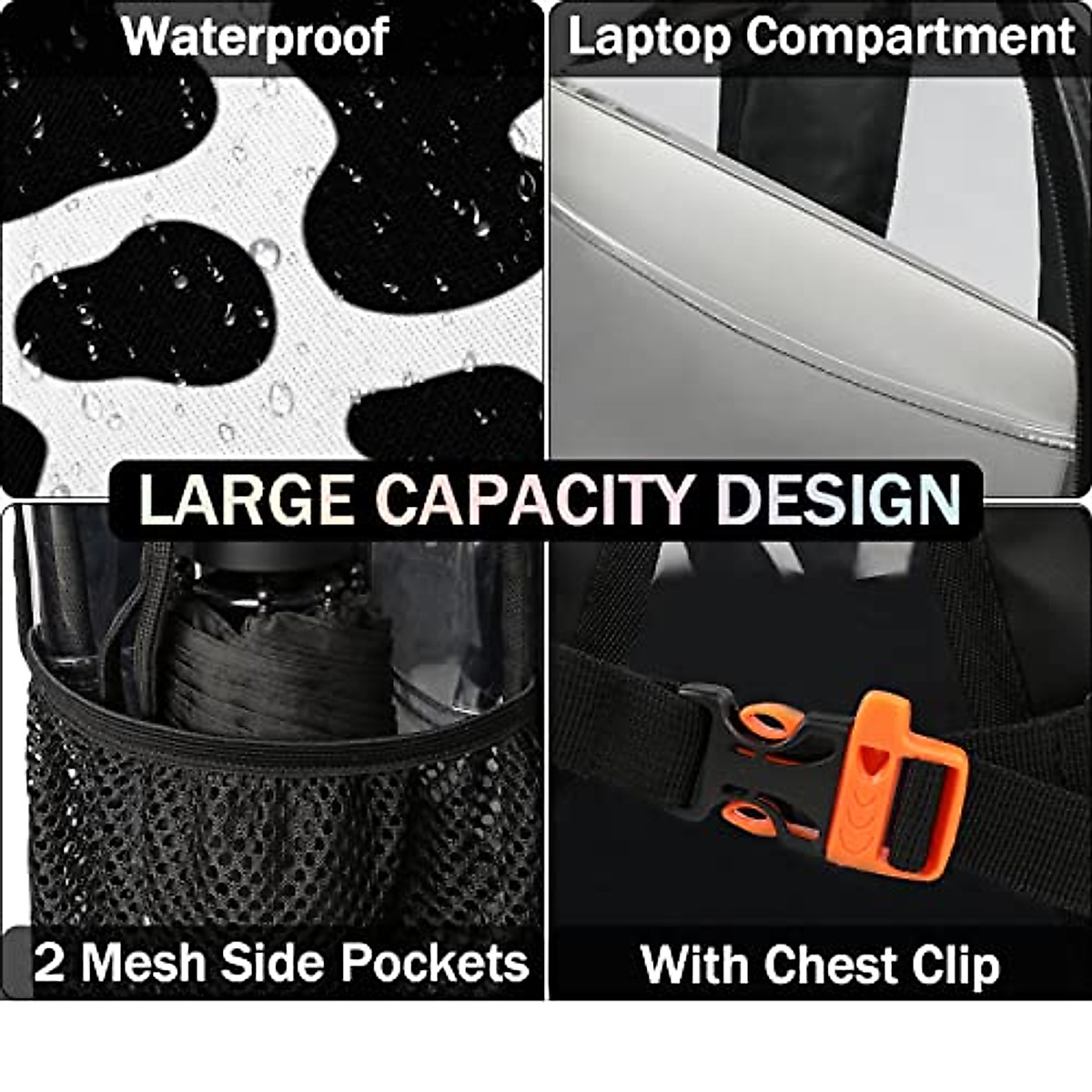 TropicalLife Heavy Duty Clear Backpack Stadium Approved PVC Transparent Backpack See Through Large Bookbag (Cow)