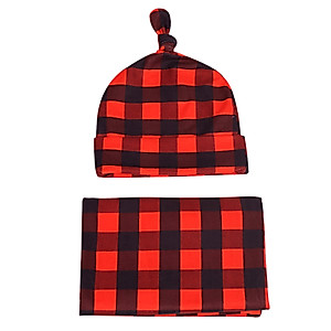 ZOONAI Red and Black Plaid Swaddle Blanket Baby Newborn Receiving Blanket Infant Sleeping Cloth Wrap with Hat (Red Black)
