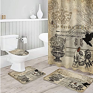 4 Pieces Bathroom Shower Curtain and Mats Set Halloween Vintage Raven Skull Non-slip Bath Rugs Toilet Lid Cover U-shaped Carpet, Scary Chandeliers and Iron Gate Decor Doormats Waterproof Curtains
