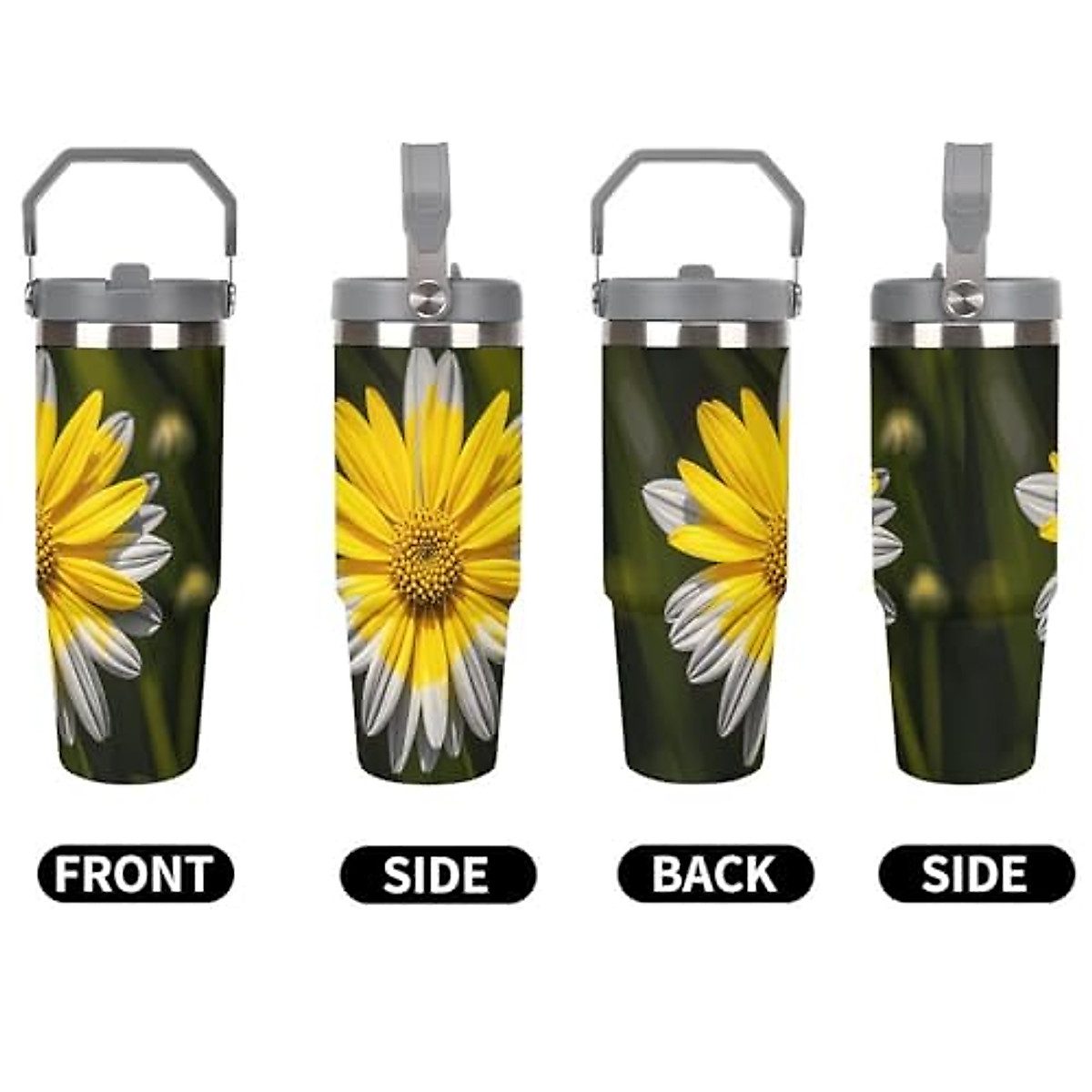 WITHSBKK 30oz Car Cup Yellow Gray Flower Printed with Portable, Stainless Steel Travel Mug, Vacuum Insulated Tumbler And Straw, Leakproof for Car & Outdoor, UV Printed Design