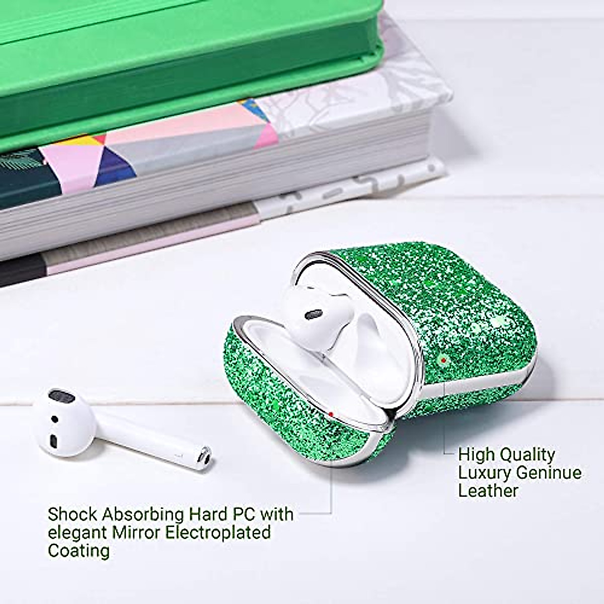 Imguardz AirPods Case for Women Girls, Luxury Bling Case for AirPods 2nd Generation, Glittery Leather Hard Protective Cover with Keychain Compatible with Apple AirPods 2 & 1 (Front LED Visible), Green