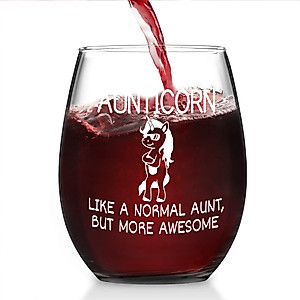 Futtumy Aunticorn Stemless Wine Glass, Aunt Gifts for Auntie Women Sister Mothers Day Christmas Birthday 15 Oz, Funny Unicorn Aunt Wine Glass Gifts from Niece Nephew