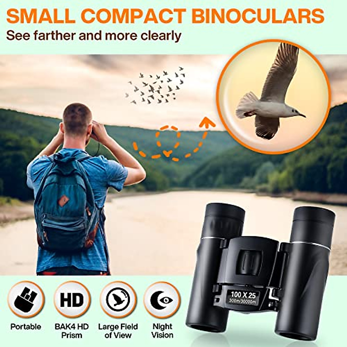 100x25 High Power Compact Binoculars with Clear Low Light Vision, Large Eyepiece Waterproof Binocular for Adults Kids, Easy Focus Bird Watching, Outdoor, Hunting, Travel