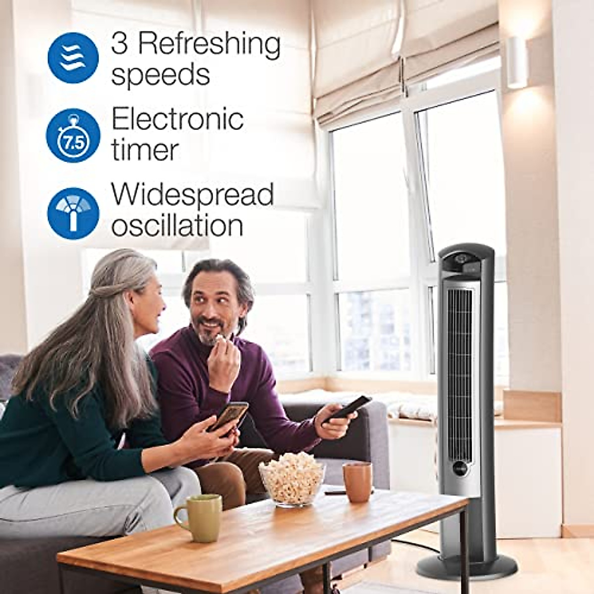 Lasko Portable Electric 42" Oscillating Tower Fan with Fresh Air Ionizer, Timer and Remote Control for Indoor, Bedroom and Home Office Use, Silver 2551