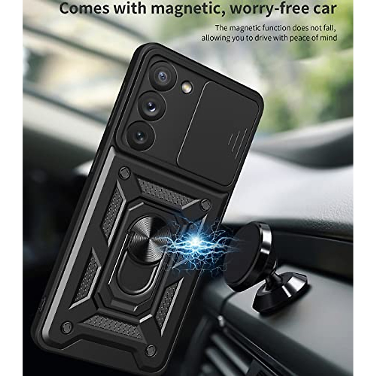 CCSmall Case for Samsung Galaxy S23 5G with Slide Camera Cover, Military Grade Drop Protective Phone Cover Case with Ring Kickstand for Samsung Galaxy S23 5G SJ Black