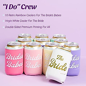 BRIDE'S BABES Bachelorette Party Can Sleeves - 11 Pack Insulated Neoprene Drink Holders for Regular Cans Bottles | Decorations, Supplies & Favors (Retro Rainbow)