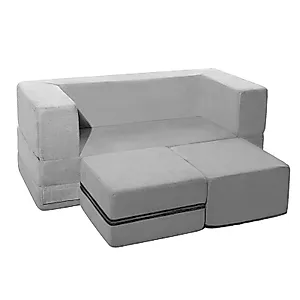 JHTOPJH Kids Couch,4-Piece Fold Out Toddler Play Couch,Floor Sofa Imaginative Furniture Play Set for Bedroom Playroom,Convertible Folding Kids Sofa for Creative Kids(Grey)