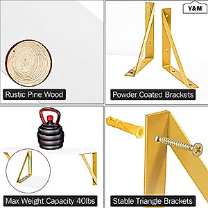 Y&M Floating Wall Shelves, Set of 3 Rustic Pine Wood Wall Mounted Shelf with Gold Metal Brackets, Decorative Storage for Bedroom, Bathroom, Modern Kitchen Living Room Storage & Decoration - White