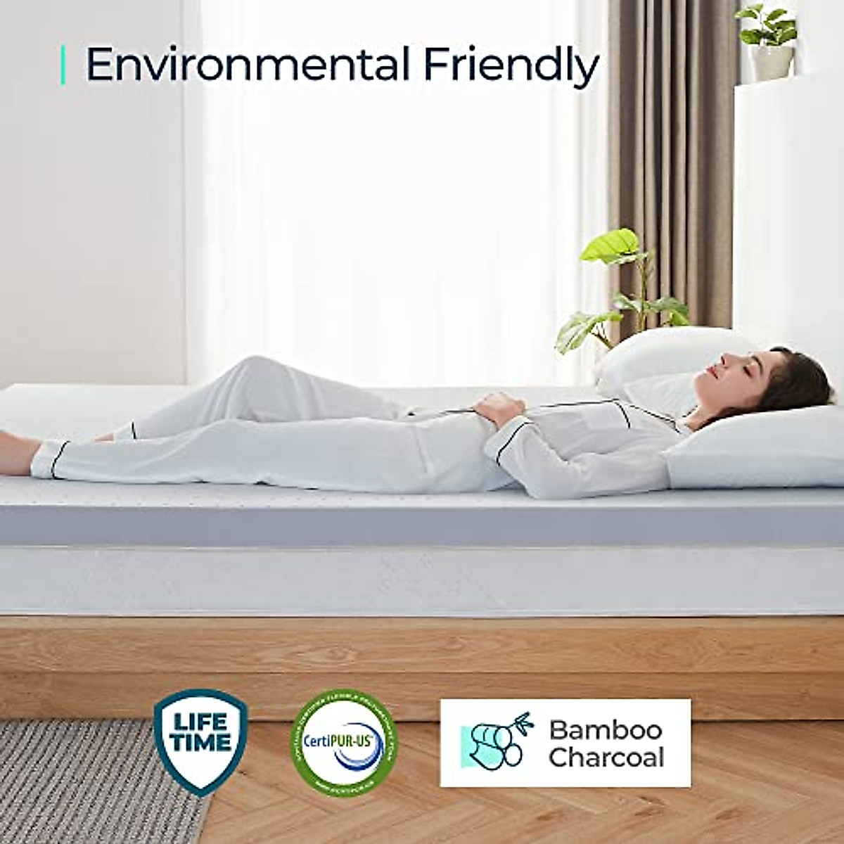 LINSY LIVING Memory Foam Mattress Topper Full, 3-inch Bamboo Charcoal Memory Foam Mattress Pad, Cooling Mattress Topper with Ventilated Design, Bed Topper Full Size, CertiPUR-US Certified