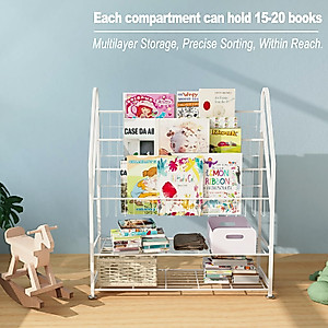 Azheruol Kids Bookshelf Freestanding for Children Room 32 Inches White Metal Bookcase Large Capacity Books Toys Organizer Stable 5 Tiers Kids Book Rack for Playroom Bookstore Library.