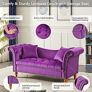 Betoko Velvet Loveseat Sofas Couches with Storage Seat Flared Rolled Arm 2 Seater Sofa for Living Room Bedroom Button Tufted Small Couch with Solid Wood Legs (Purple)