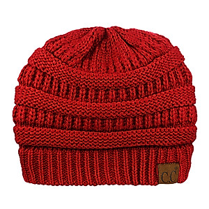 C.C Unisex Chunky Soft Stretch Cable Knit Warm Fuzzy Lined Skully Beanie, Red