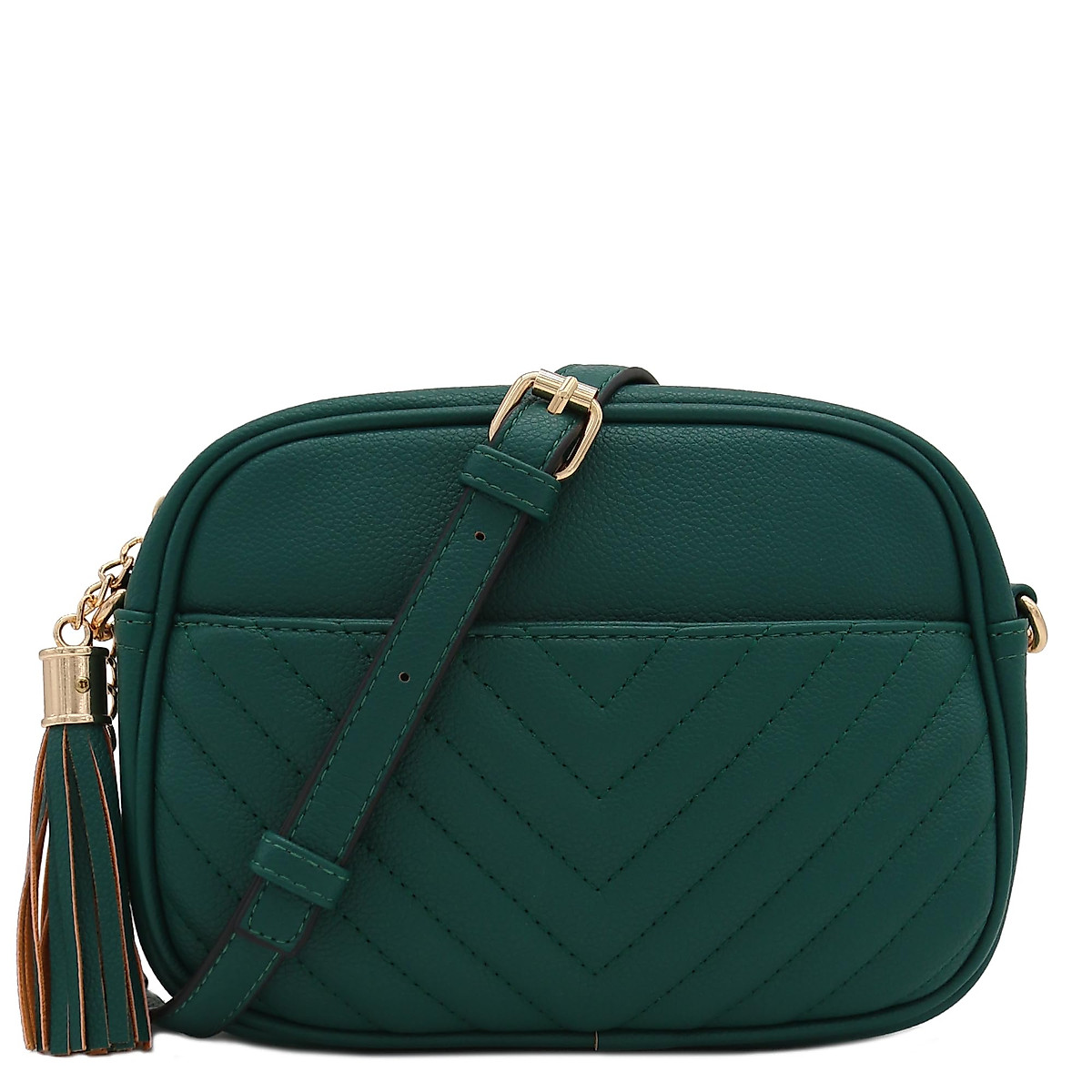 FashionPuzzle Chevron Quilted Crossbody Camera Bag with Chain Strap and Tassel (Dark Teal) One Size