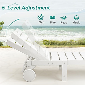 Homenjoy Chaise Lounge Chair Outdoor with Table, 3-Piece, HDPS Material, Outdoor Pool Lounge Chairs with 5-Position Backrest, Patio Lounge Chair with Wheels for Outside, Poolside, Beach, White
