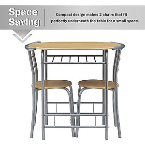 VECELO 3-Piece Bar Table Set, Round Tabletop & Chair for Kitchen Dining Room Breakfast, Built-in Wine Rack, Space Saving, 31.5" Length X 21" Width, Silver and Natural