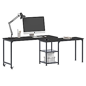 soges Reversible L Shaped Desk, 360° Free Rotating Corner Computer Desk, 55 inch L Desk with Storage Shelves for Home Office, Modern Study Writing Table Workstation, Black