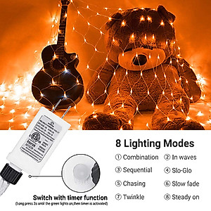 Joomer 12ft x 5ft 360LED Orange Halloween Net Lights Outdoor Mesh lights, 8 Modes Timer Connectable Waterproof Bush Lights Mesh Netting Lights for Halloween Outdoor Decorations (Clear Wire)