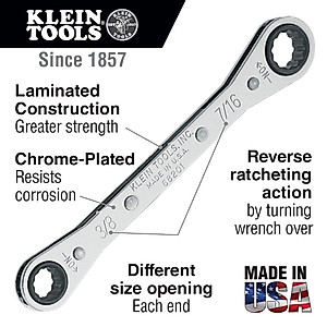 Klein Tools 68201 Ratcheting Box Wrench, Made in USA, 3/8-Inch x 7/16-Inch with Reverse Ratcheting and Chrome Plated Finish