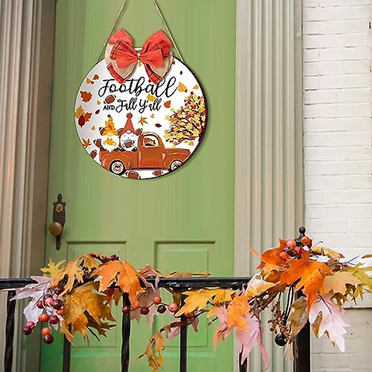 Fall Y'all Front Door Sign Fall Football Wreaths Autumn Gnome Maple Leaves Hanger Sign Decorative Sign for Outside Thanksgiving Harvest Farmhouse Seasonal Holiday Yard Decor