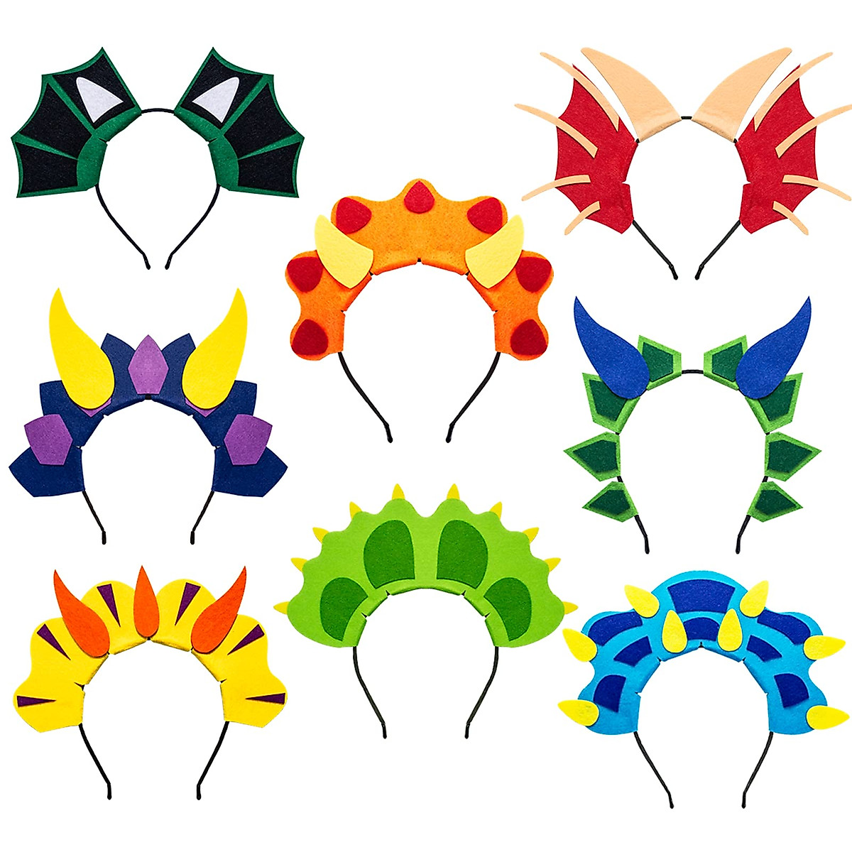 Flying Childhood 8Pcs Dinosaur Headbands Party Hats for Girls Boys Birthday Decorations Supplies Favors Felt Dragon Headpiece as Kids Toddlers Photo Booth