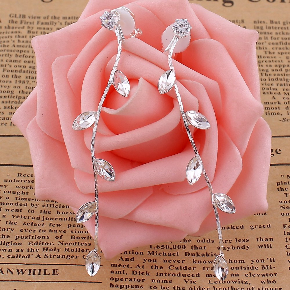 Grace Jun Silver Plated CZ Rhinestone Long Tassel Drop Earrings and Clip on Earrings No Pierced for Women (Ear clip)