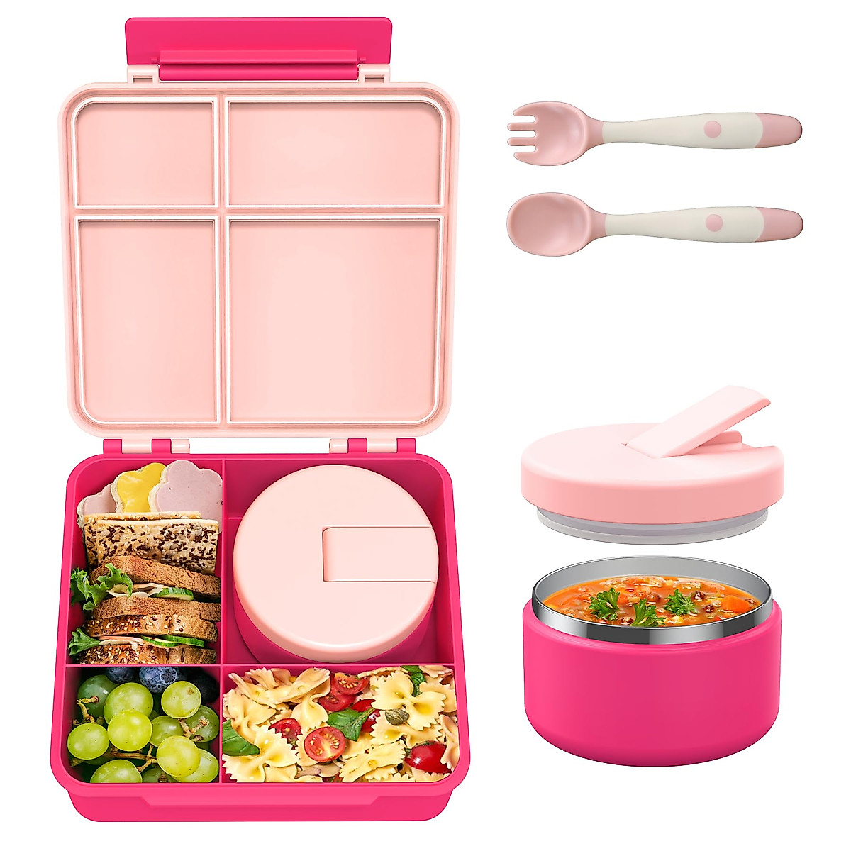 LOHASOK Bento Lunch Box with 8oz Soup Thermo, Leak-Proof Lunch Containers with 4 Compartment, Thermo Hot Food Jar and Insulated Lunch Bag for School Pink