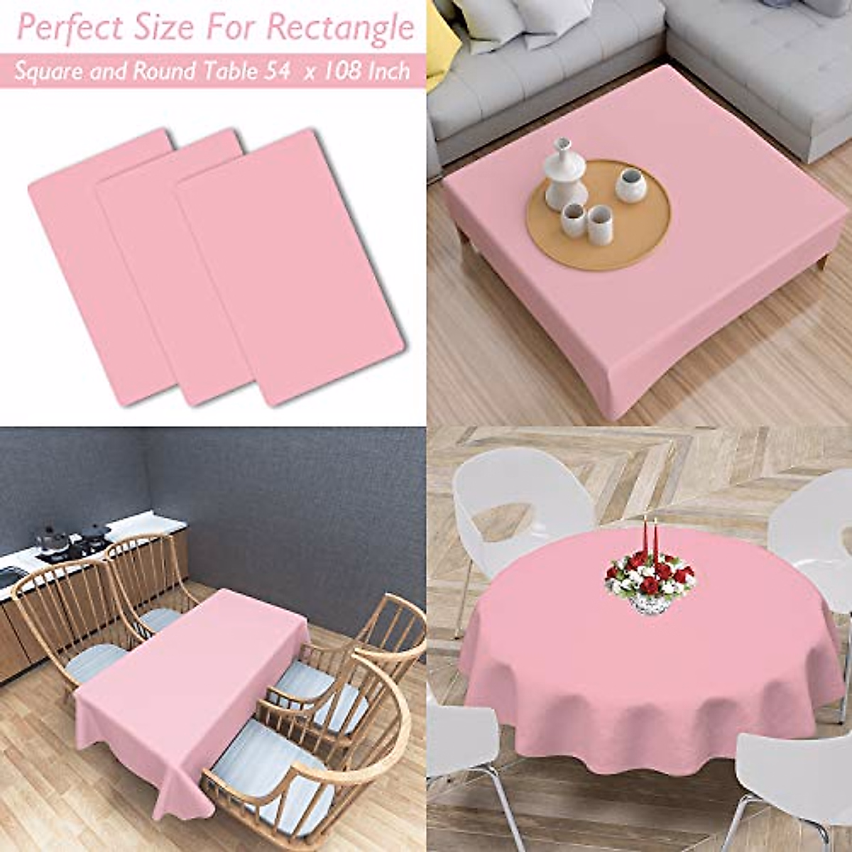 Plastic Tablecloths for Rectangle Tables 3 Pack 54" x 108" Party Table Cloths Disposable for 6 to 8 Foot Tables Indoor or Outdoor Parties Birthdays Weddings Christmas Anniversary Buffet Table (Pink)