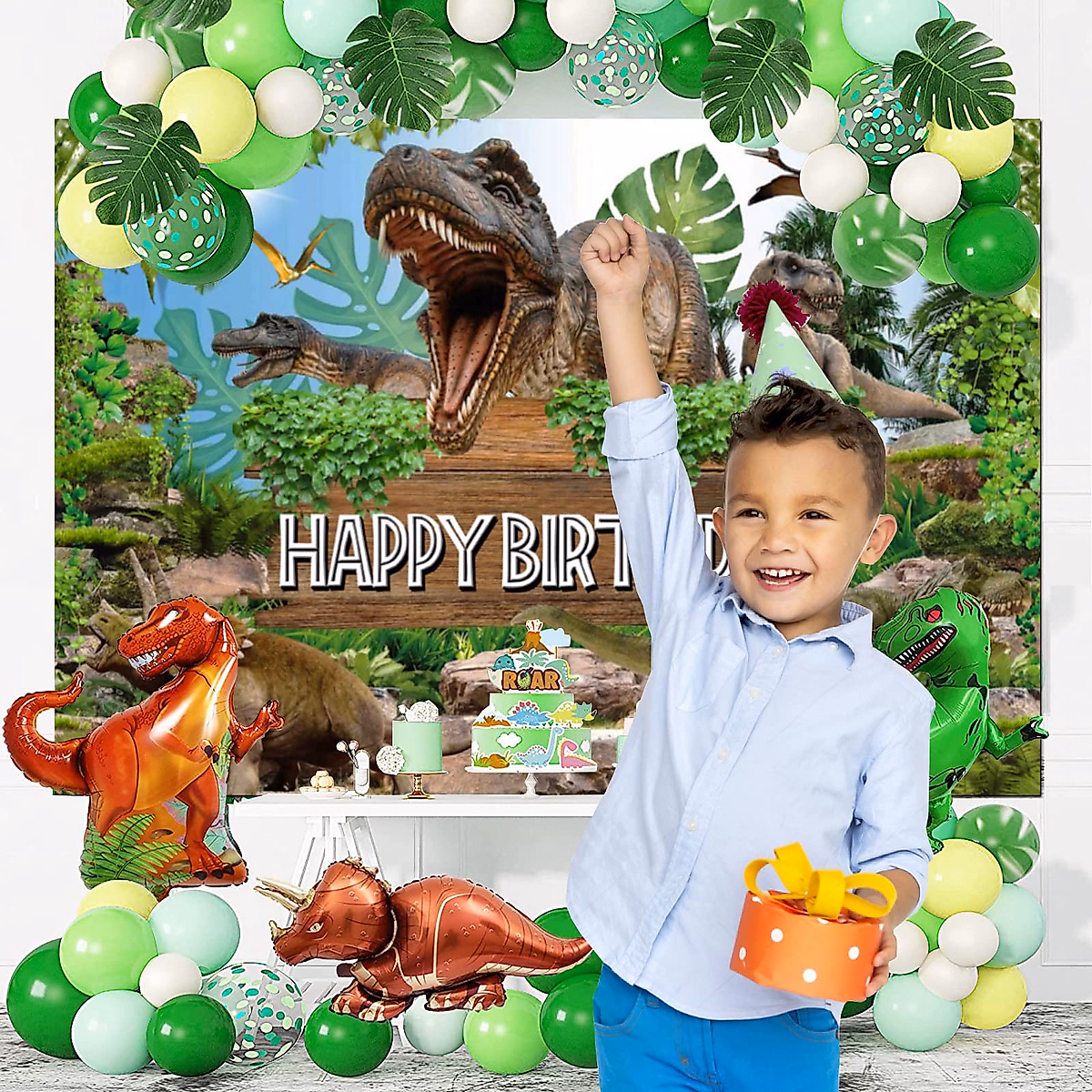 Sensfun Dinosaur Park Birthday Backdrop Dinosaurs World Happy Bday Banner Photography Background for Kids Tropical Safari Jungle Dino Theme Birthday Party Decorations Supplies Photo Booth Props 7x5ft