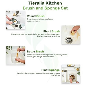 Tieralia 5-Piece Eco-Friendly Bamboo Dish Brush Set with Compostable Wood Pulp Sponges | Bamboo Kitchen Cleaning Set