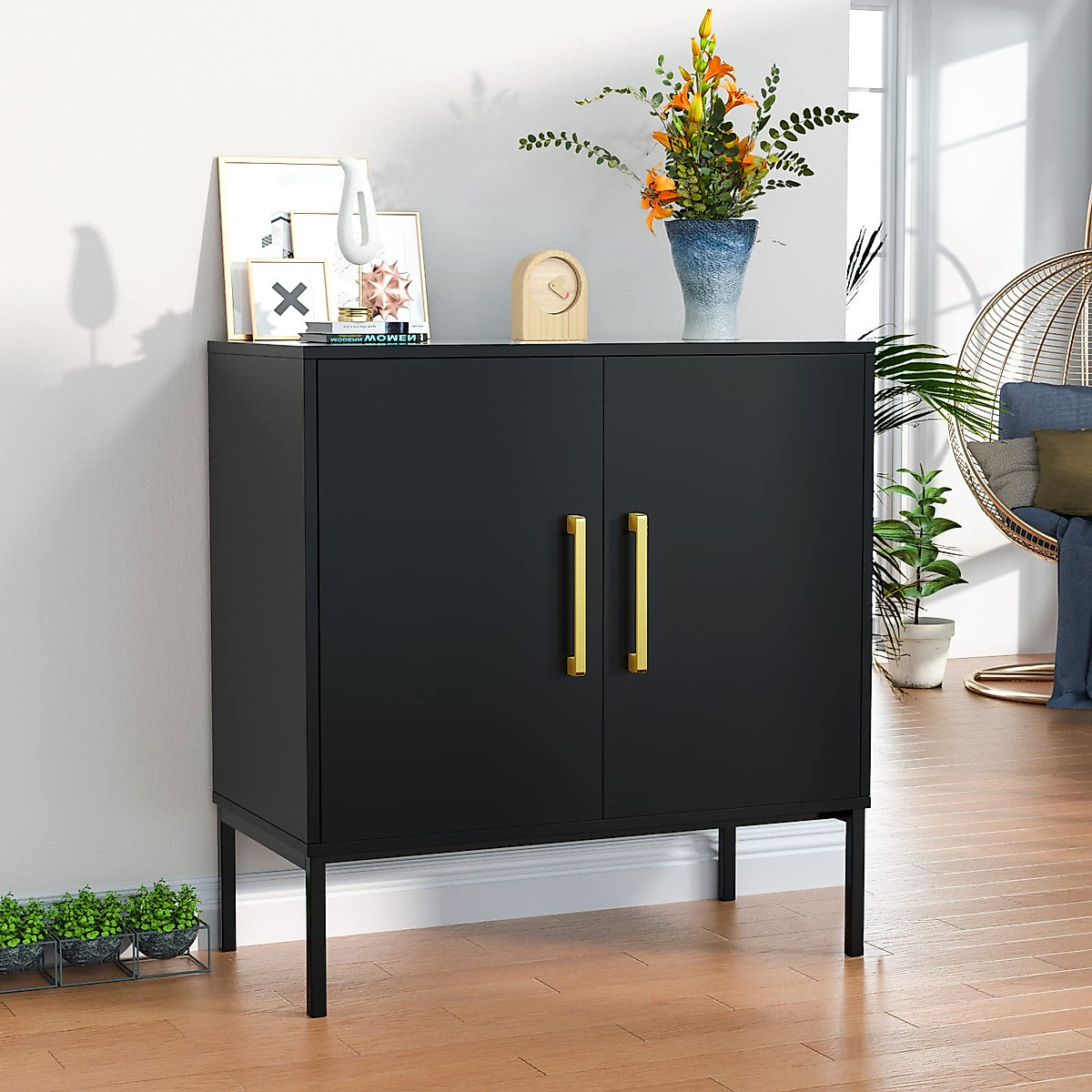 JOZZBY Buffet Cabinet with Storage, Accent Cabinet Modern Wooden Free Standing Sideboard with Doors, Black Side Cabinets with Adjustable Shelves for Living Room, Hallway, Set of 2