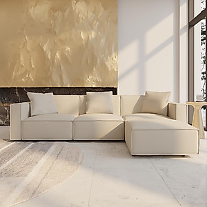 Acanva Luxury Modular Sectional Living Room Sofa Set, Modern Minimalist Style Couch with Ottoman and Chaise, L-Shape, Cream