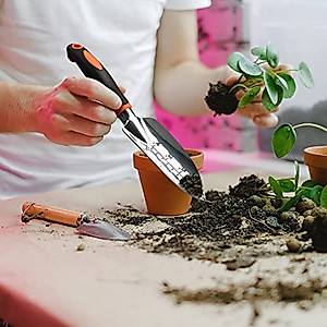 defutay Garden Trowel with Scale, Aluminum Heavy Duty Gardening Trowel Multifunctional Dibbler Garden Tool for Planting Weeding Digging Transplanting Cutting Measuring (Orange)