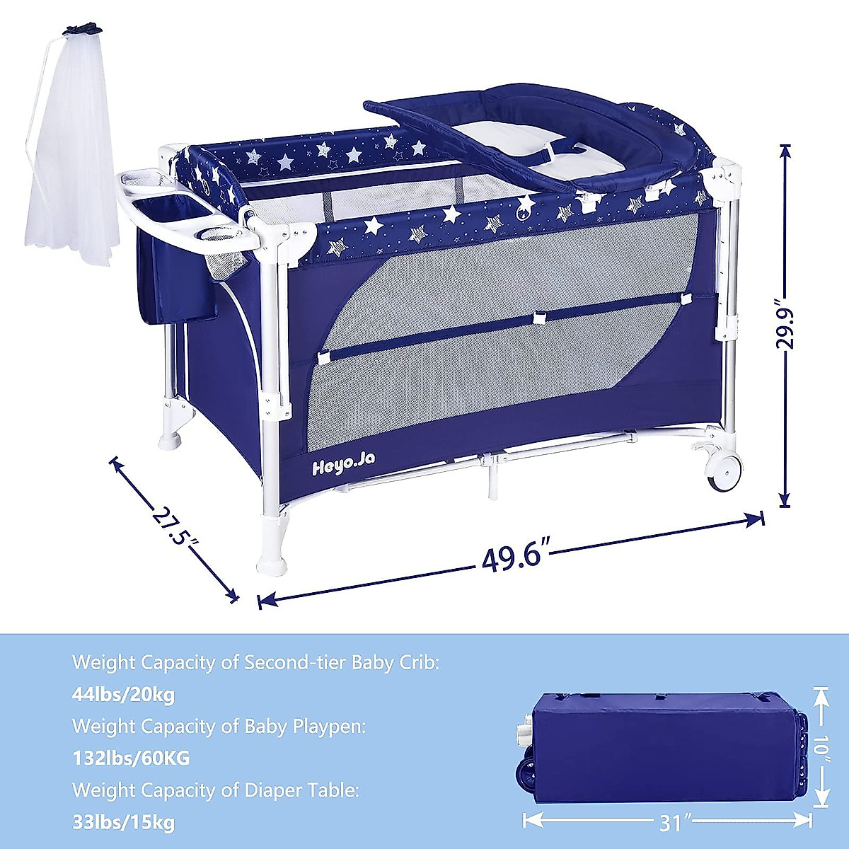 Heyo.Ja Baby Bassinet Bedside Crib, Portable Playard 4 in 1 Convertible Pack and Play with Mattress, Foldable Travel Crib for Girls Boys Infant Newborn (Navy)