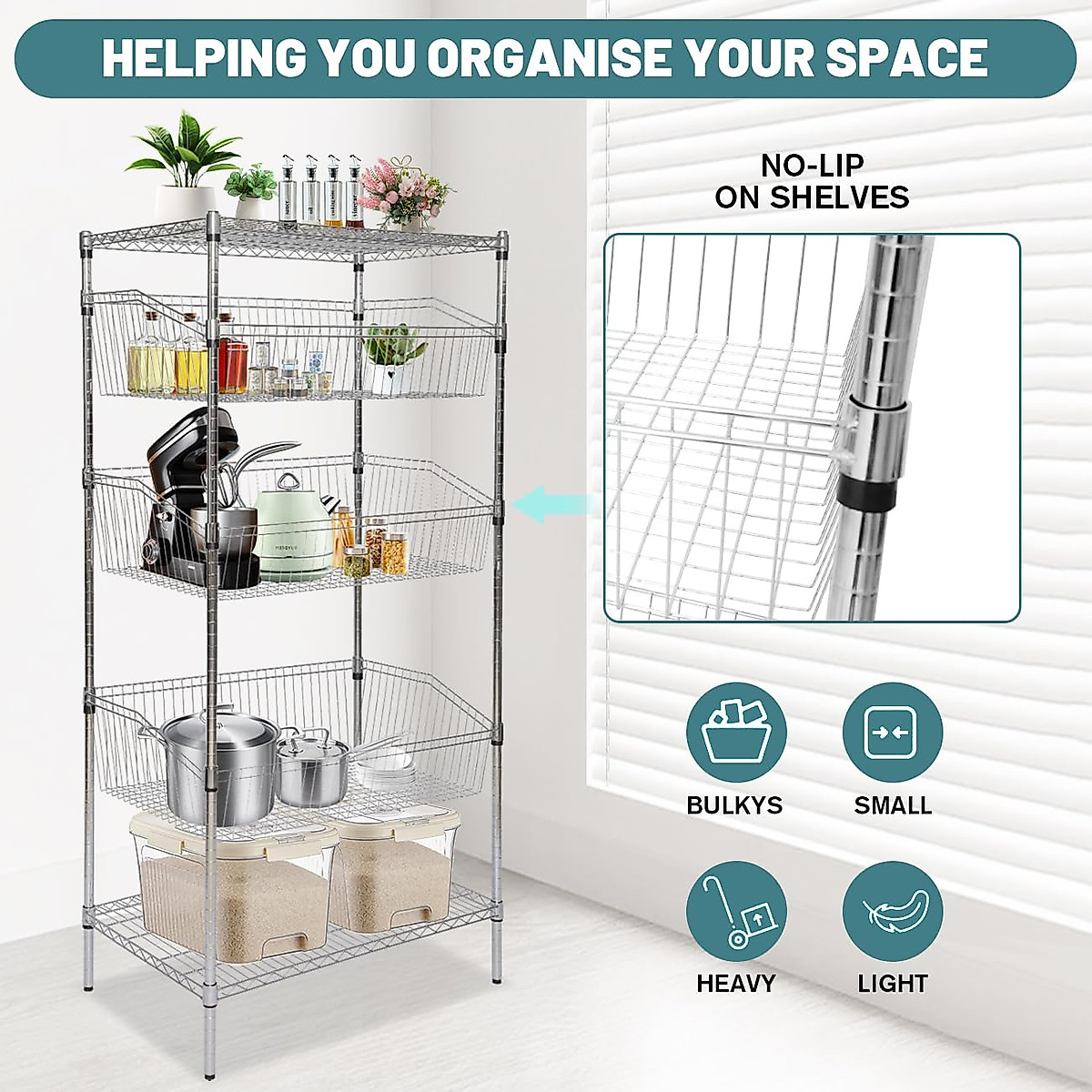 biosp 4-Tier Adjustable Metal Wire Rack Shelving Unit, Heavy Duty Basket Storage Shelf for Outdoor & Indoor, Bathroom, Laundry, Kitchen, Garage
