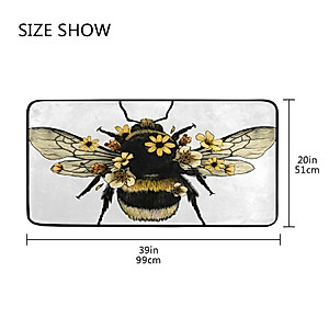 Bees Spring Kitchen Rugs Flowers Summer Bath Mat for Bathroom Absorbent Non Skid Washable Standing Floor Desk Mat Runner Carpet for Home Office Hallway Sink Stove Laundry 39X20 inches