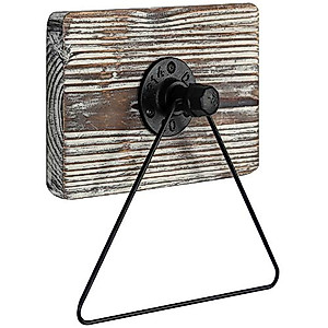 MyGift Wall Mounted Industrial Black Metal Triangle Bath Hand Towel Ring with Solid Torched Wood Backing, Rustic Design Hand Towel Holder