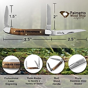 Stockman Pocket Knife with Personalized Laser Engraved Wood Handle, Three Blades, Valentines Day Gifts, Father's Day Gifts