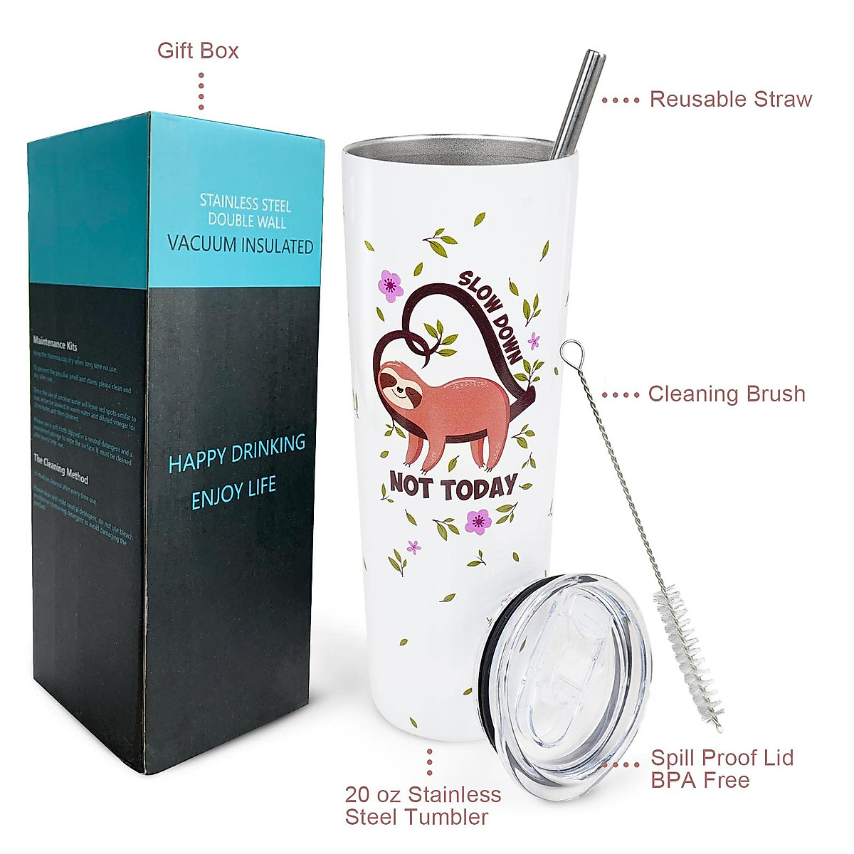 XAIVEZL Sloth Tumbler with Lid and Straw - Sloth Gifts for Women Cute Sloth Travel Coffee Mug - 20 oz Tumbler Mothers Day Birthday Gifts for Women Friend Daughter