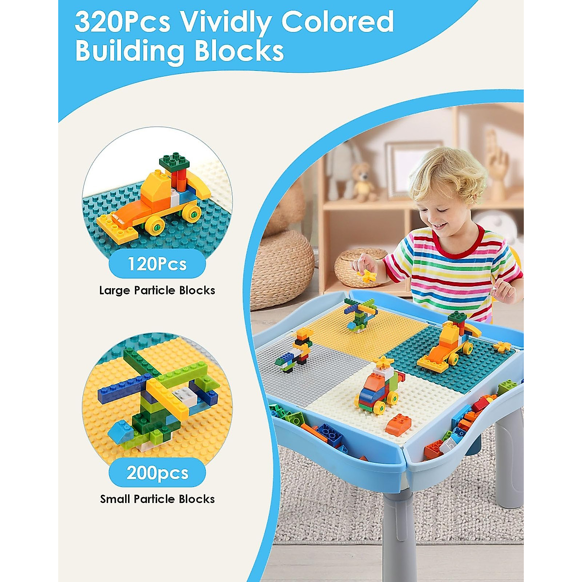 Kids Activity Table and Chair Set with 320Pcs Building Blocks, All in One Sand/Water/Sensory Desk with Storage, STEM Toys Toddler Learning Playset Table for Boys Girls Gifts 3 4 5-10 Years Old
