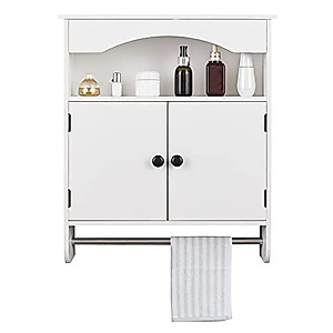 GREATMEET Wood Bathroom Cabinet with Towels Bar and 2 Shelves, Wood Towel Cabinet with 2 Doors, Medicine Wall Mounted Cabinets for Bathroom, Laundry Room, Kitchen, White