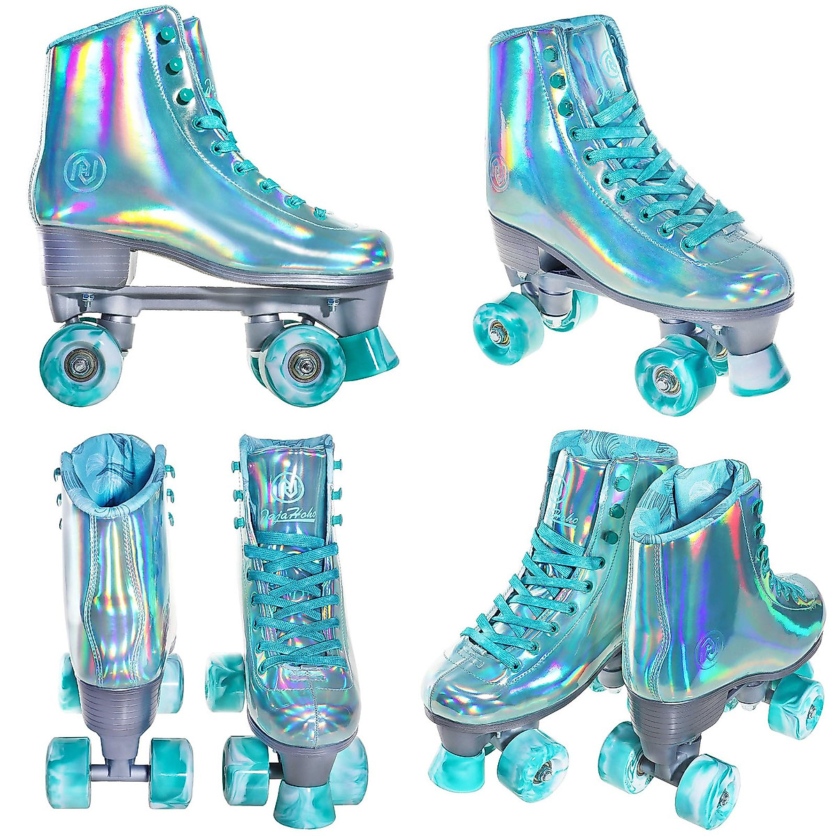 JajaHoho Roller Skates for Women, Shiny Holographic High Top Rollerskates, Double-Row Four Mixture Gradient Wheels Quad Skates for Girls Age 8-50 Indoor Outdoor (Size 3, Mint Green)