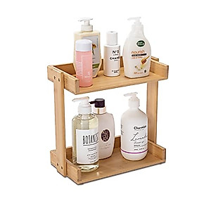 PELYN Bamboo Bathroom Countertop Organizer Corner Shelf for Bath Shampoo Lotion Accessories