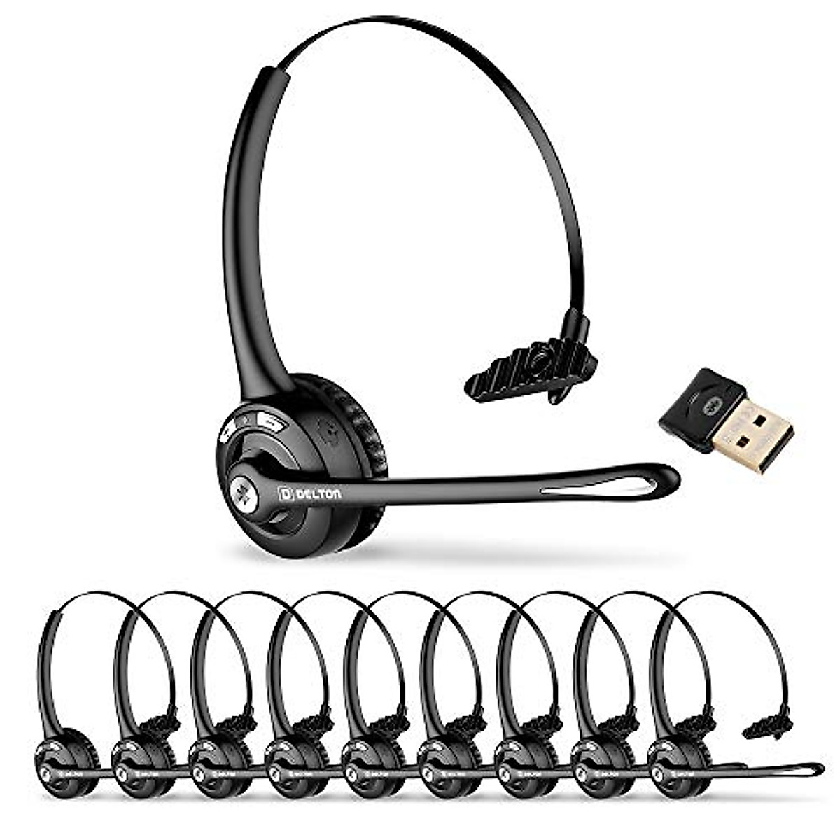 Delton Trucker Bluetooth Headset, Wireless Headphones w/Microphone, Headphones for Truck Driver, Wireless Over The Head Earpiece with Mic for Skype, Call Centers - 18Hr - 10 Pack