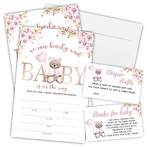 JCVUK Set of 25 Baby Shower Invitations with Envelopes, Diaper Raffle Tickets and Baby Shower Book Request Cards,Bear Theme Babyshower Party For Boys or Girls(YQKTZ-B14)