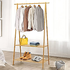 Giantex 2-Tier Bamboo Clothing Rack, 5.3Ft Freestanding Clothes Organizer Rack with Anti-tipping Devices, Cloth Hanger Standing Rack with Bottom Storage Shelves, Garment Racks for Hanging Clothes