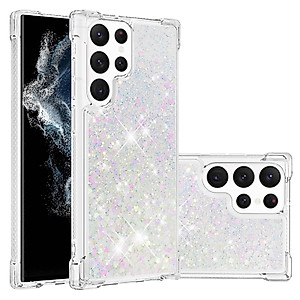 LEMAXELERS Compatible with Samsung S22 Ultra Case, Bling Glitter Liquid Case Floating Quicksand Shockproof Protective Sparkle Silicone Soft TPU Case for Samsung Galaxy S22 Ultra. YBL Love Silver Pink