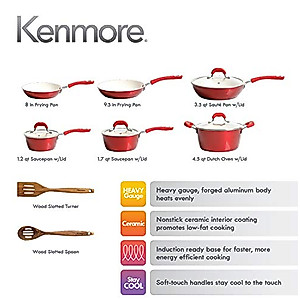 Kenmore Arlington Healthy Nonstick Ceramic Coated Forged Aluminum Induction Cookware, 12-Piece, Metallic Red